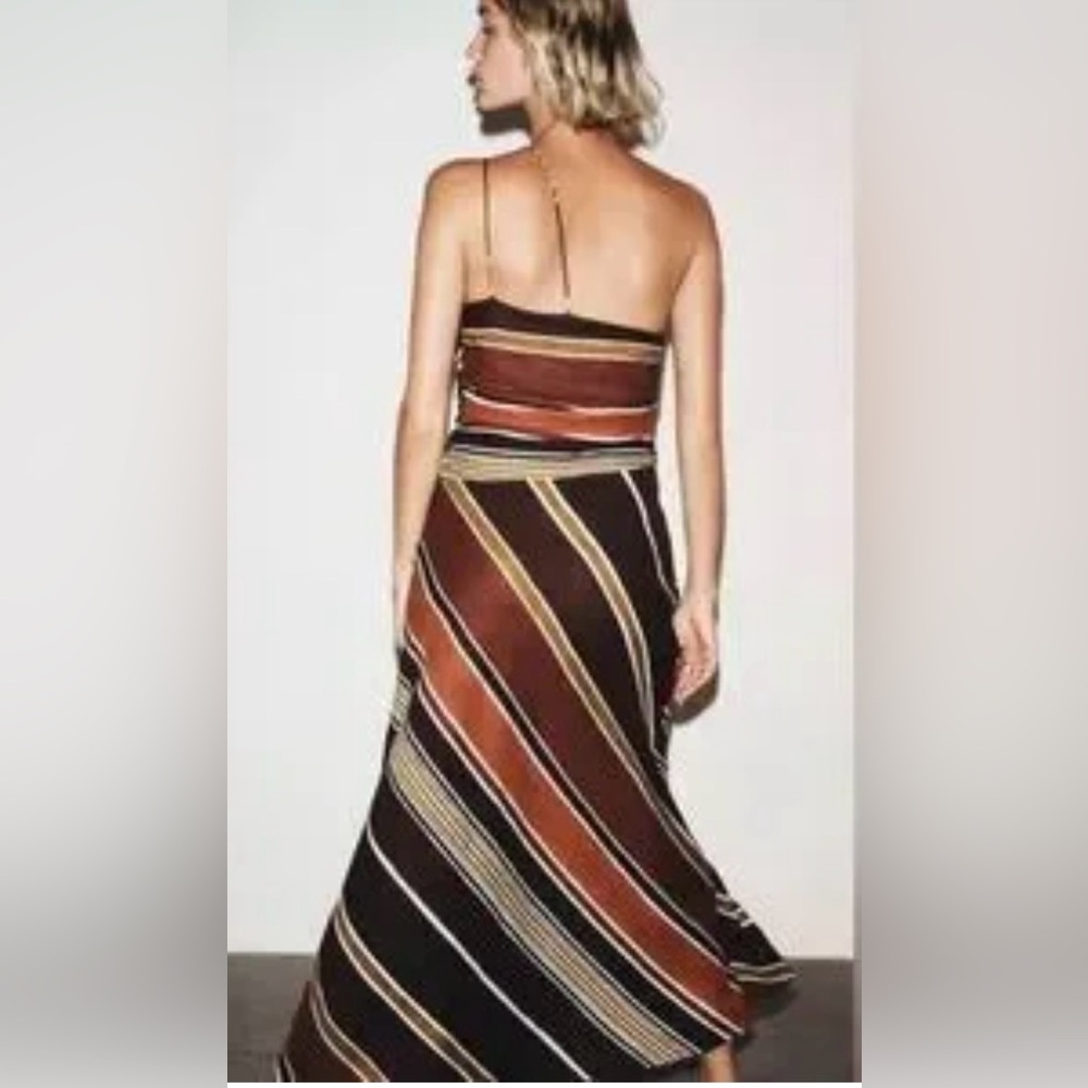 Zara | Dresses | Zara One Shoulder Dress In Brown And Orange Stripes ...